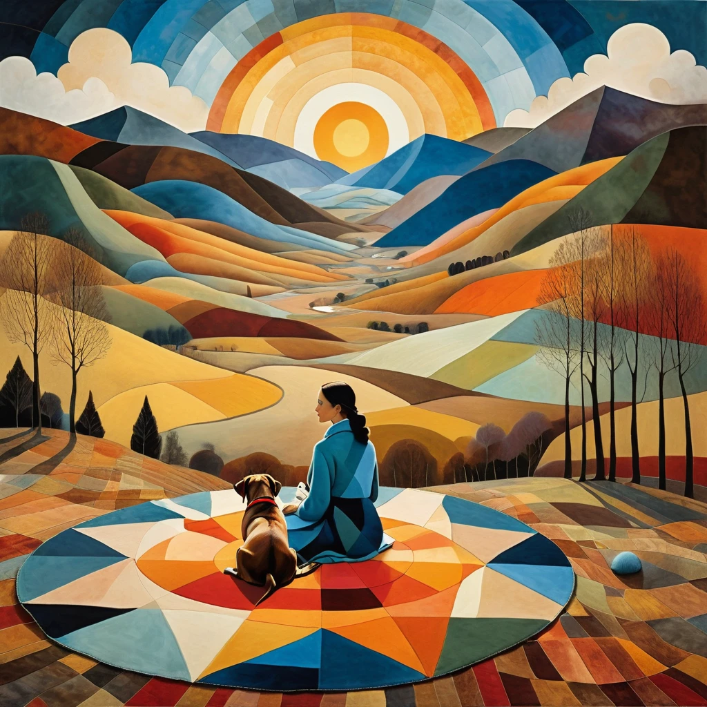 In the clearing of a forest, late autumn, a woman is sitting - SeaArt AI