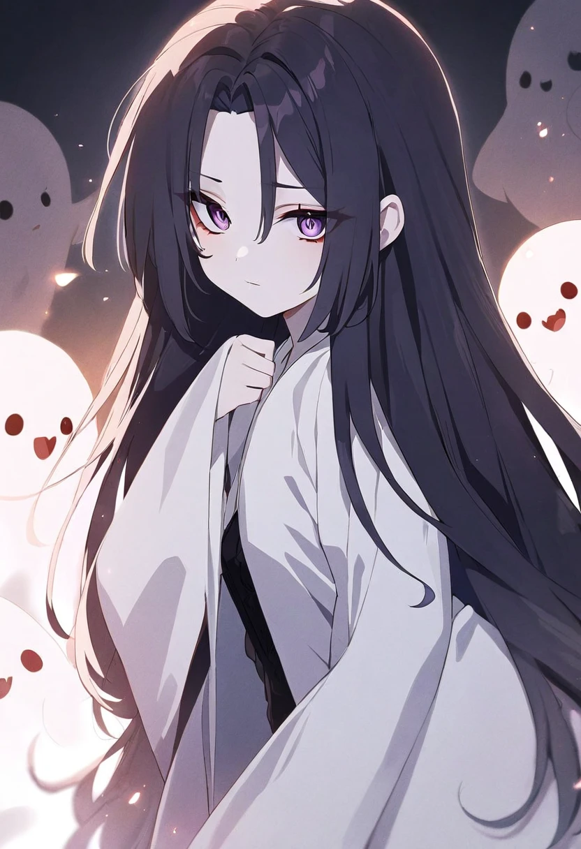 Girl, anime, ghost girl, white robe, cute, pale skin, black fluffy hair ...