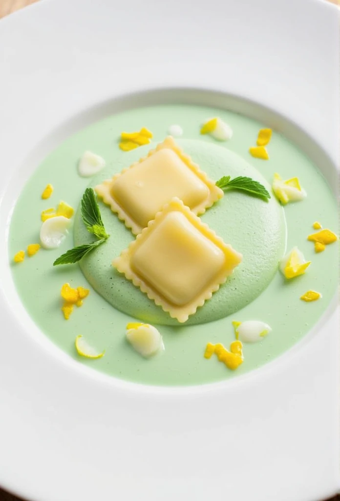 I want to create a dish with square ravioli on mint mousse and lemon ...