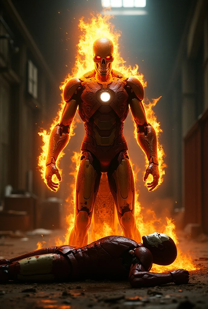 Ghost rider beat iron man standing on death body - SeaArt AI