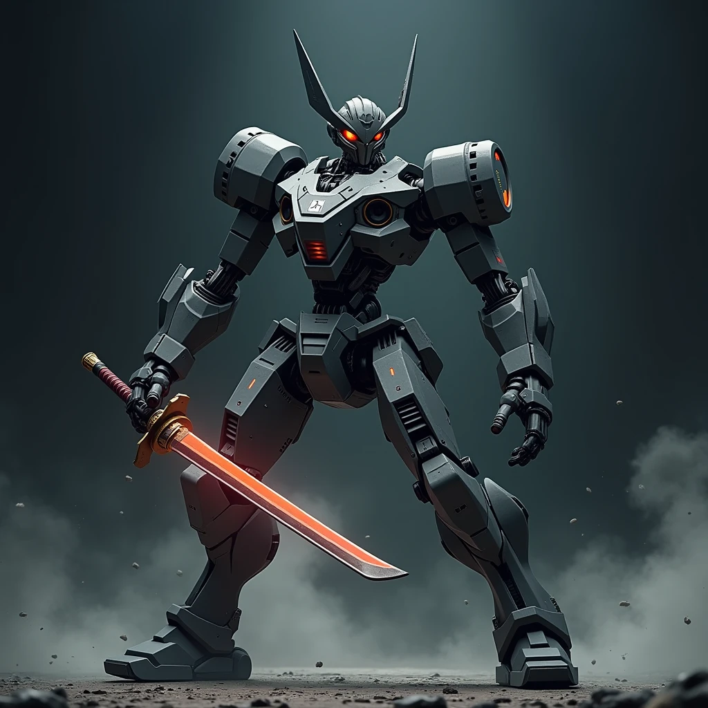 Japanese anime style ,A coalescing robot holds a Japanese sword in both ...