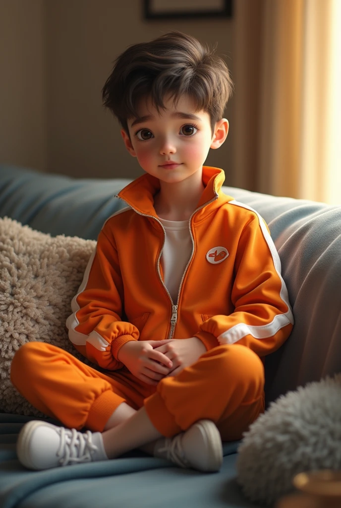 Young boy in a tracksuit sitting on the couch - SeaArt AI
