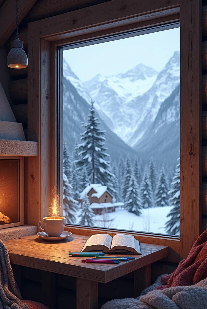 A cozy reading nook in a winter cabin with a panoramic view of snow ...