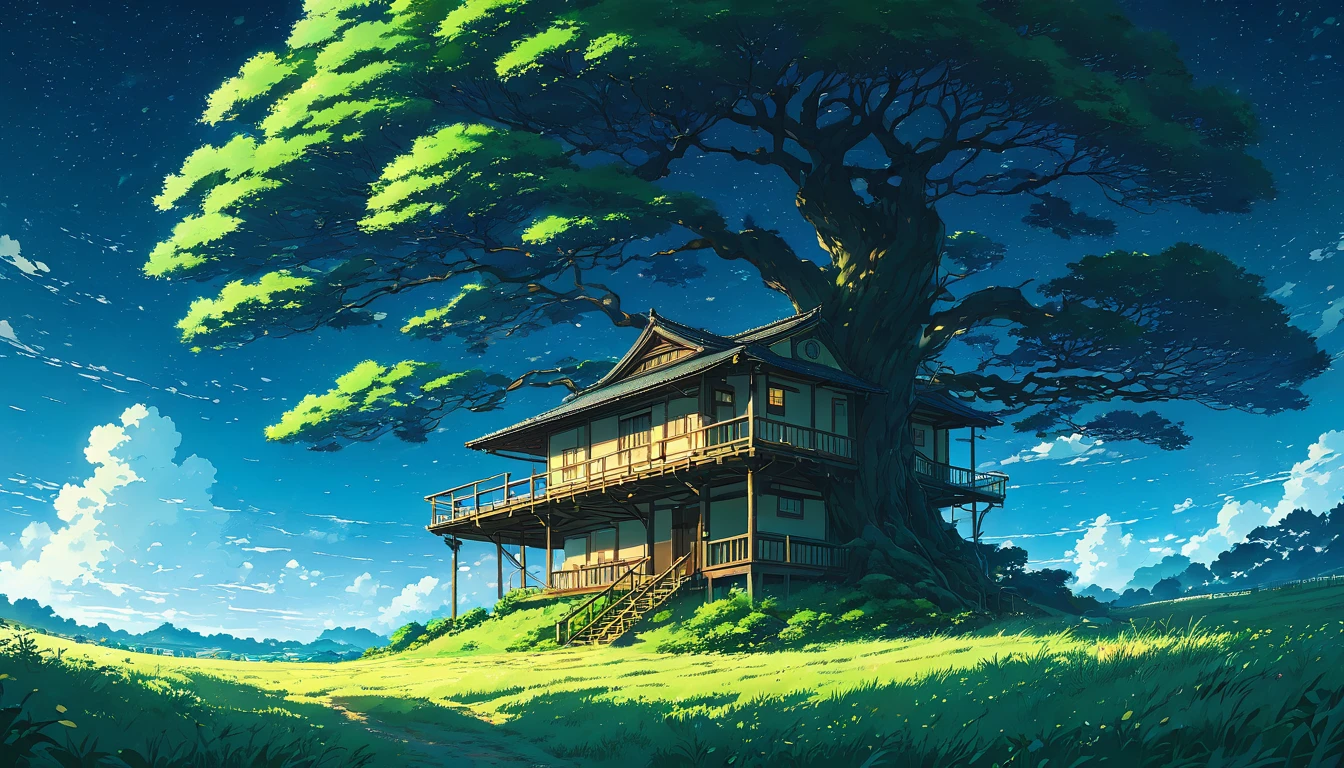 House under a tree in a field at night, Shadow, mysterious, beautiful ...