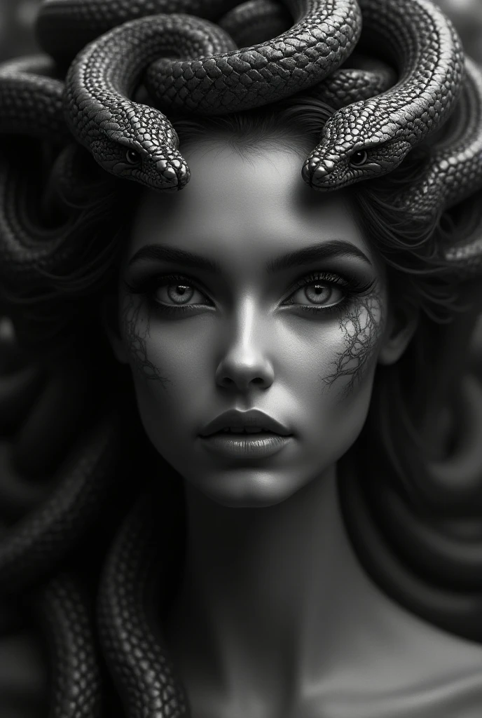 A hyper-realistic black and white portrait of Medusa in a three - SeaArt AI