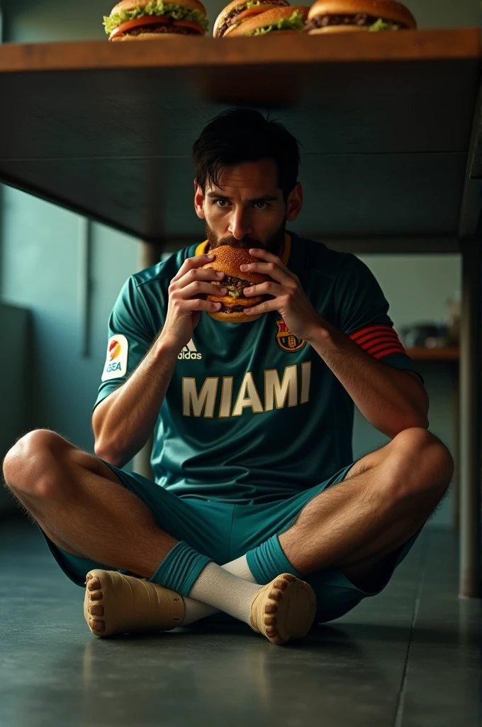 Messi eats burger wearing Miami football shirt alone under table ...