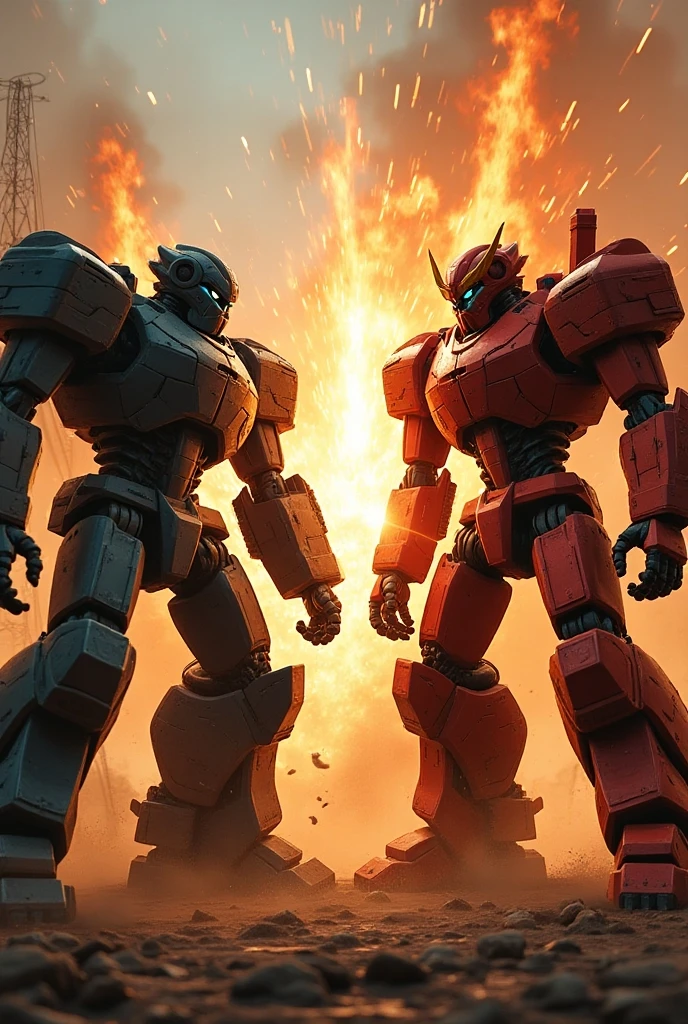 2 robots stand side by side and fight one's name is Madara the other ...