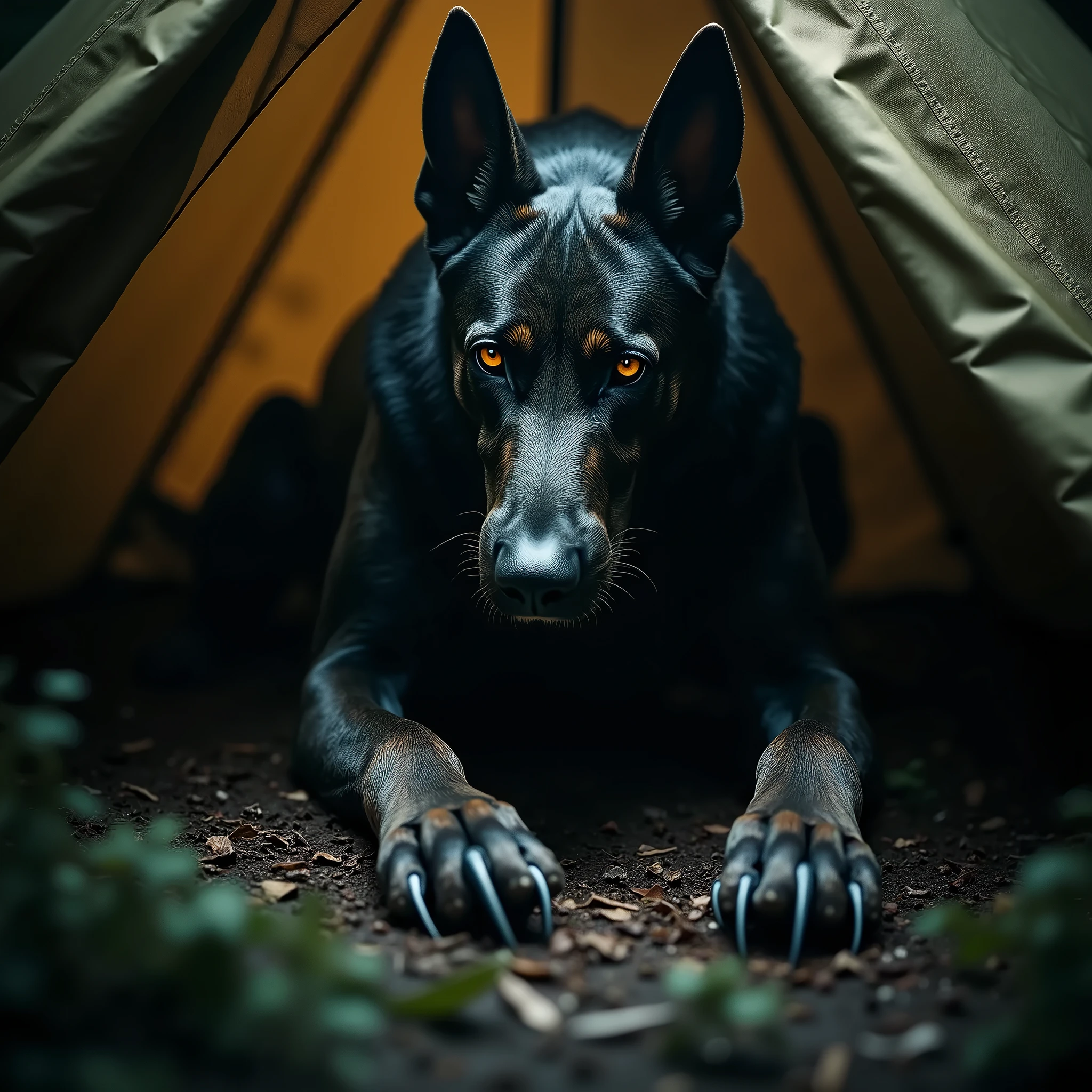 Photographed, huge unknown female canine creature, doberman, on bed ...