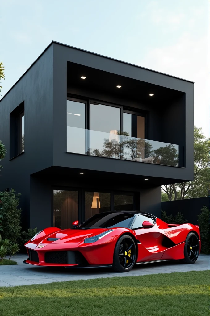 Ek Ghar Jo black color mein ho uske samne red color ki kar farari ...