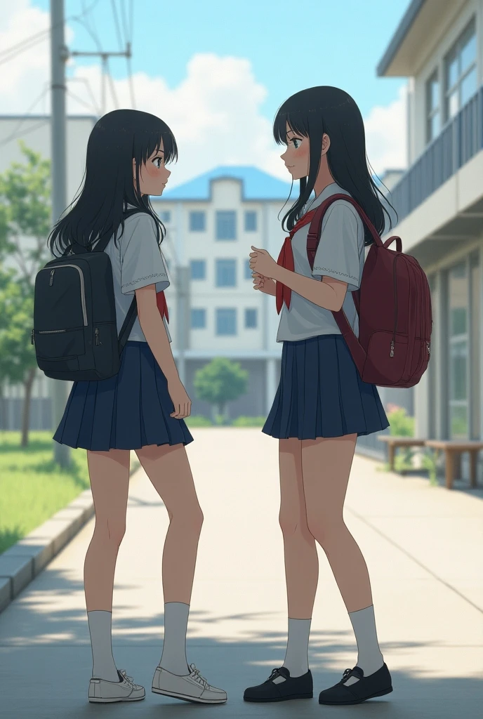 Hot schoolgirl in a short skirt at school with a classmate - SeaArt AI