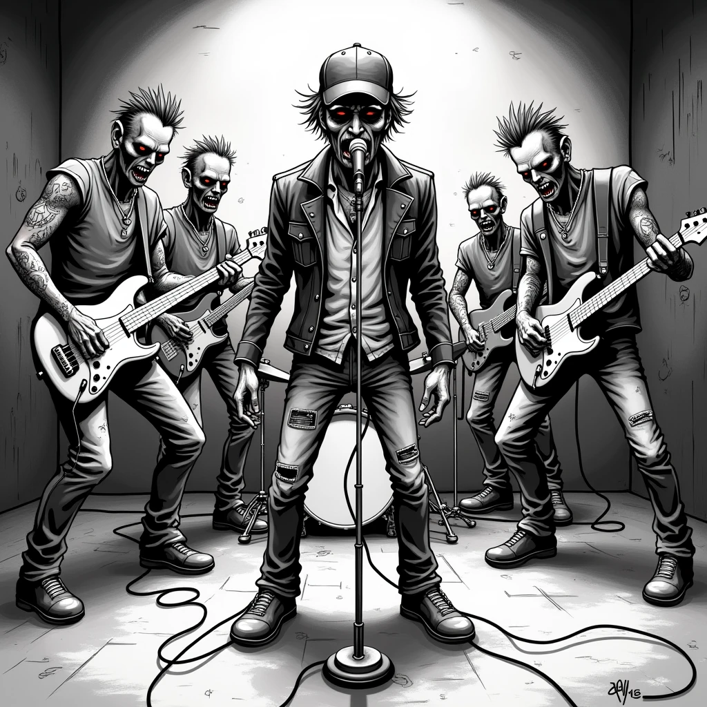 Comic drawing Punk Rock Band of Six Zombie Members Two Guitarists One ...