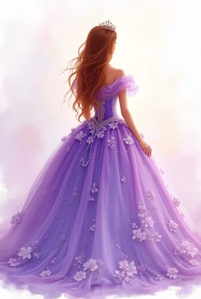 Chestnut-haired princess backwards view, pompous purple quinceañera ...