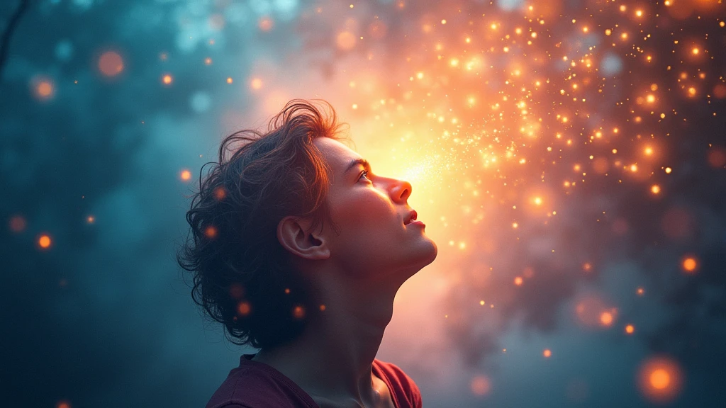 "Show a person surrounded by vibrant, ethereal light, with their head ...