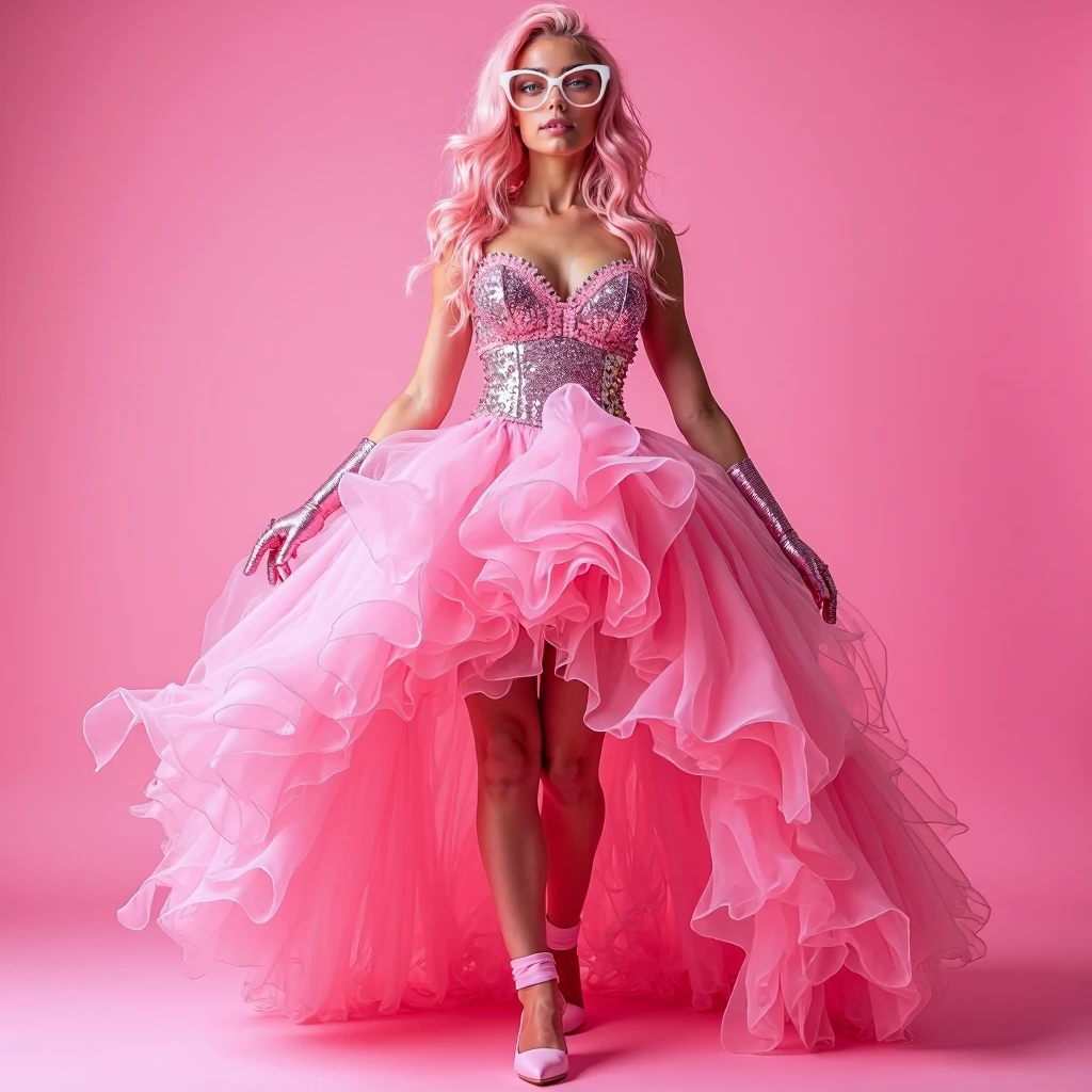 Young thin woman, light pink hair undulated wet style , blue eyes ...