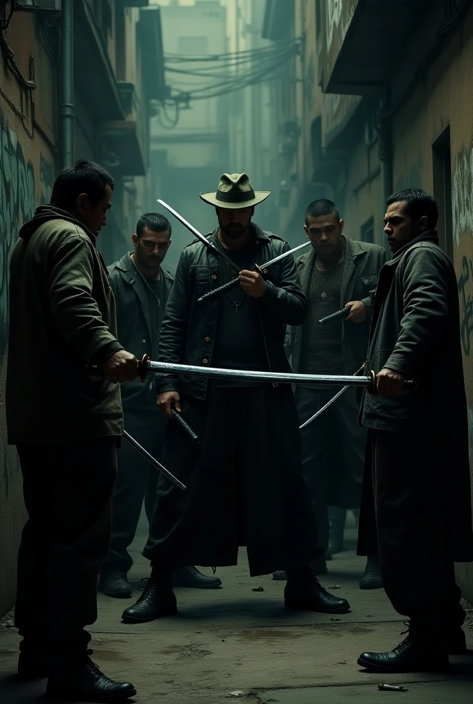 A group of gangsters with Katana sword surrounded to attack us - SeaArt AI