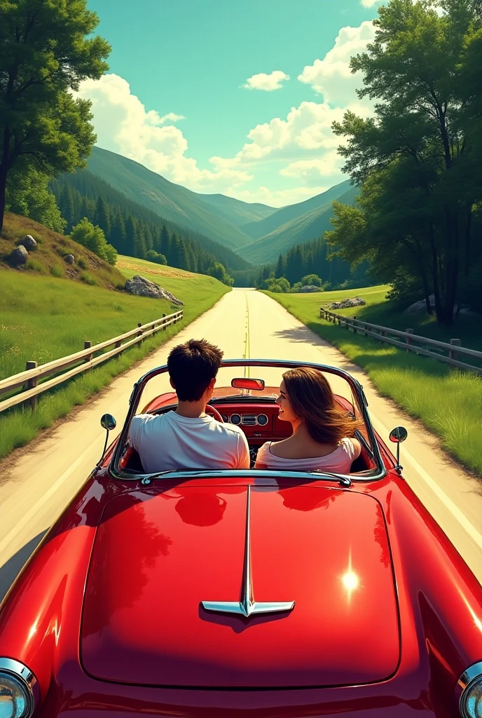 Young couple riding in a red convertible car in the 90s , against the ...