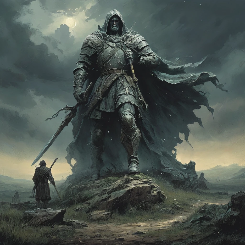 "Create an image of a rugged medieval farmer standing in the middle of ...