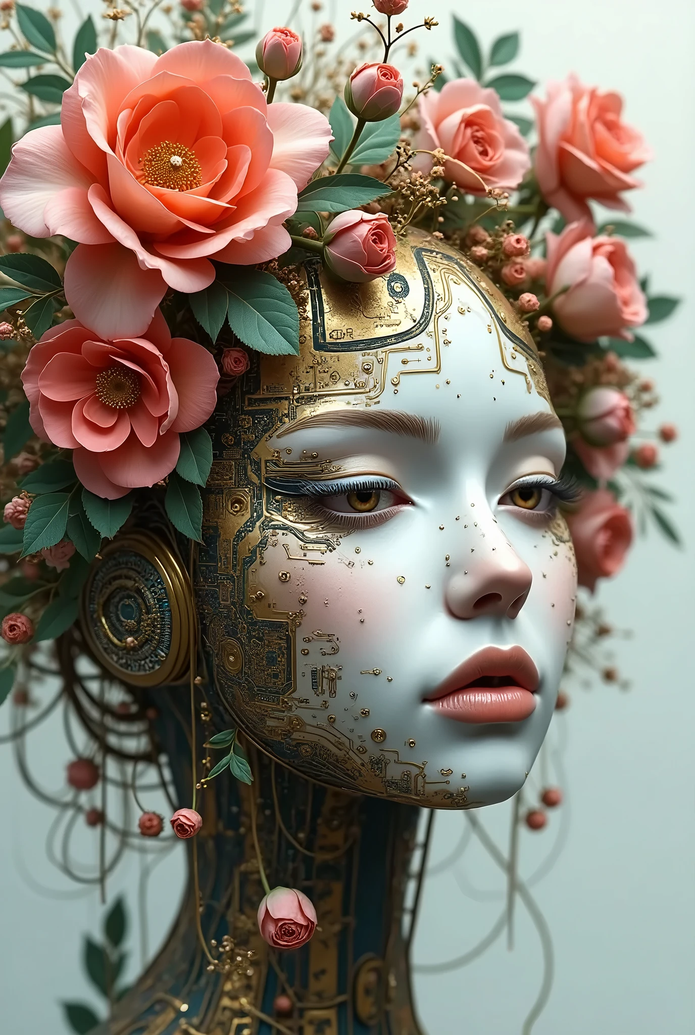 A fusion of botanical illustrations with cybernetic elements and a face ...