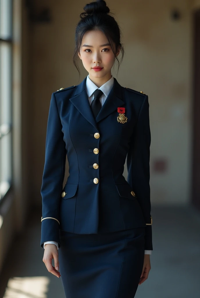 1 woman,beautiful Japanese woman, hair bun, wearing Military uniform - SeaArt AI