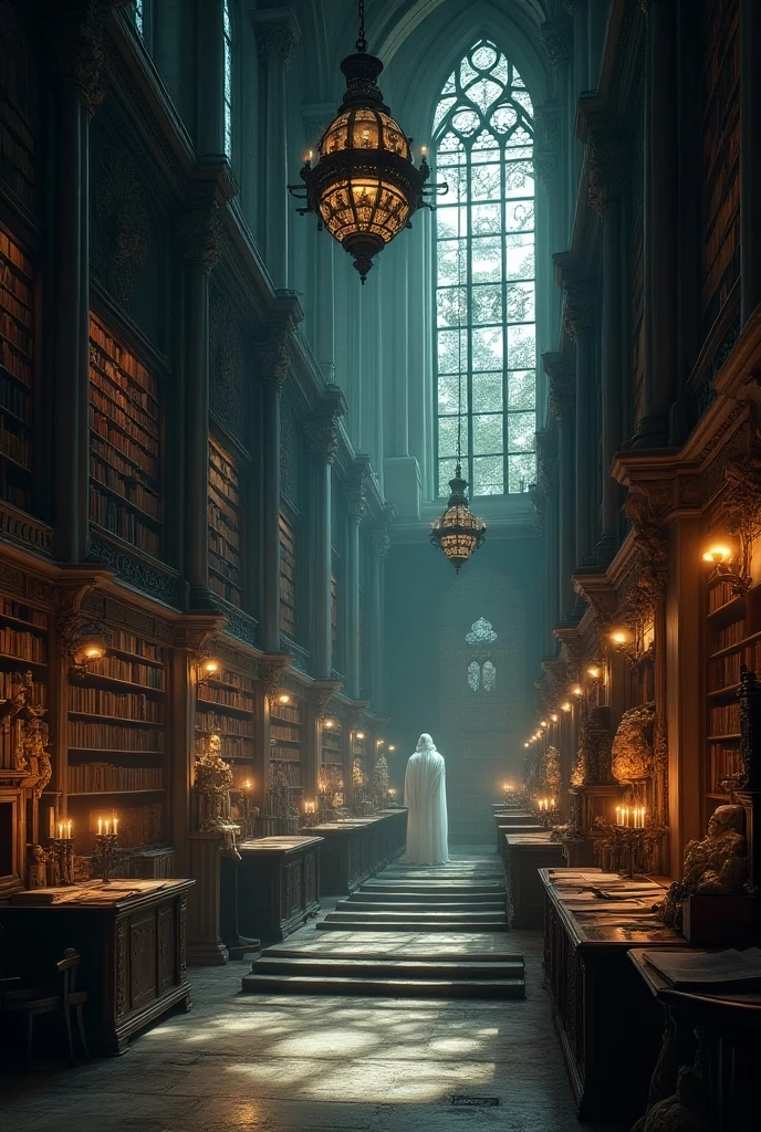 Elements of stage design of library of lost souls - SeaArt AI