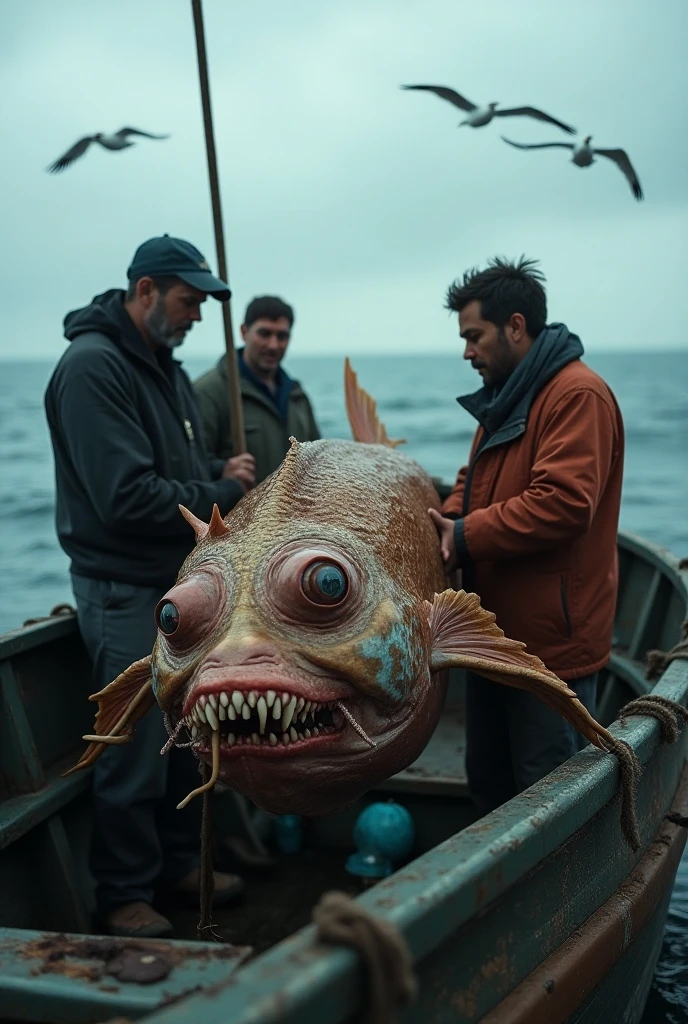 Realistic photo of strange fish caught by fishermen's boat - SeaArt AI