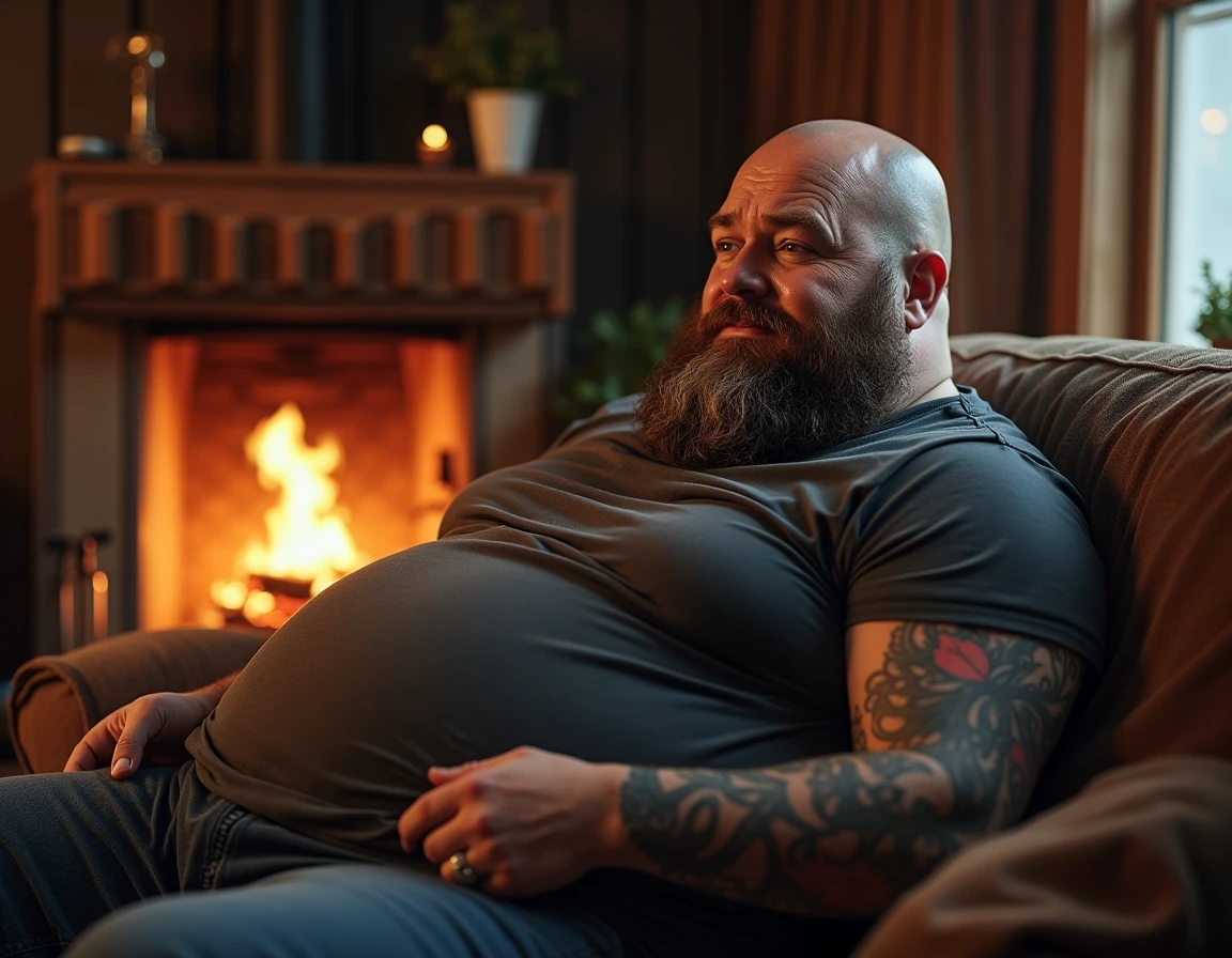 A middle-aged overweight swedish man with a beard and tattoos on his ...
