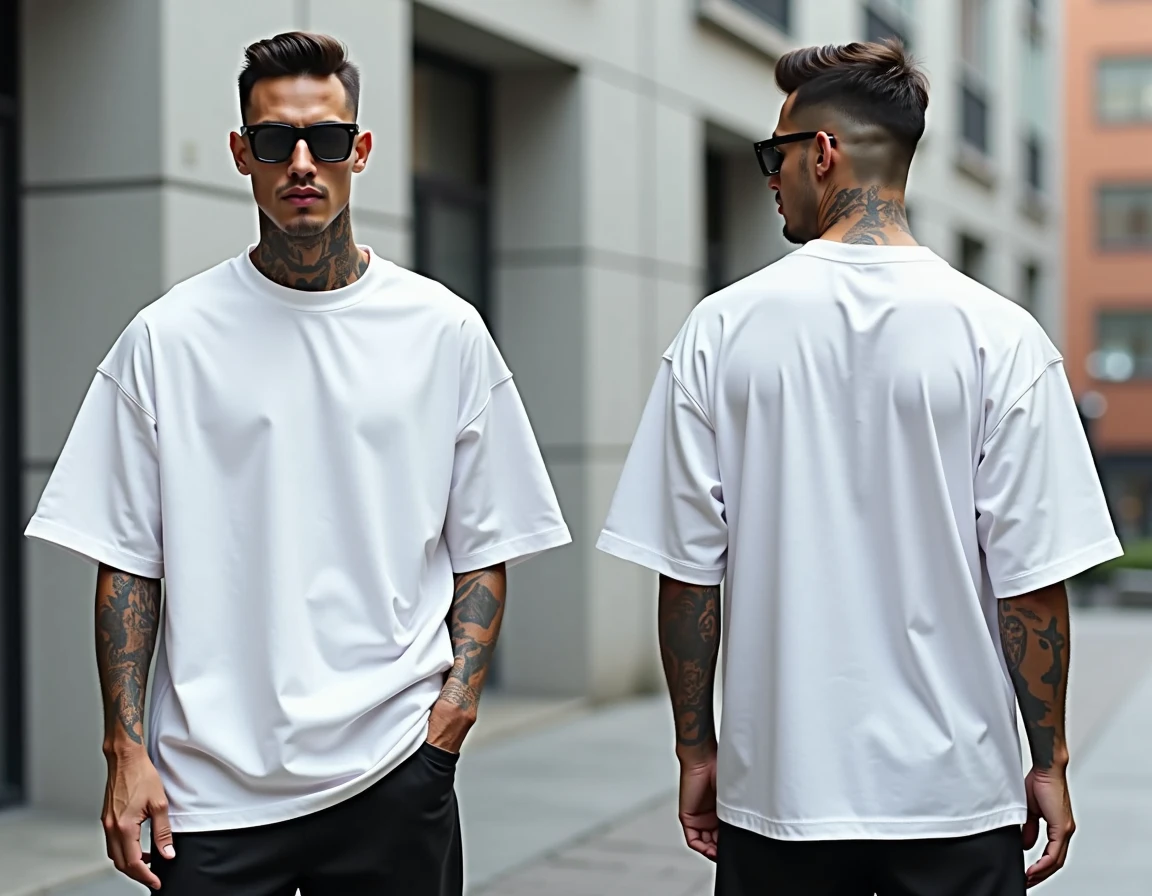 Generate four realistic images of a male model with an edgy, streetwear ...