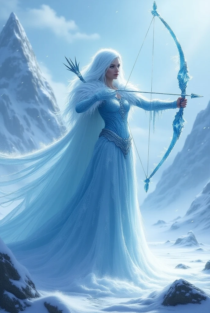 An ice woman , In a snowy environment, with cape and hood, with a bow ...