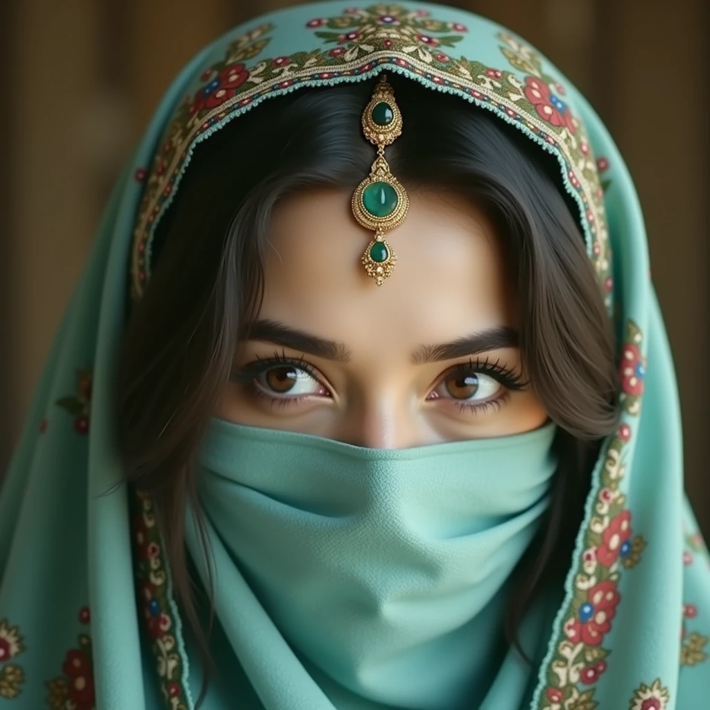 This turkish lady with veil and headscarf, all turquoise clothing change to red - SeaArt AI