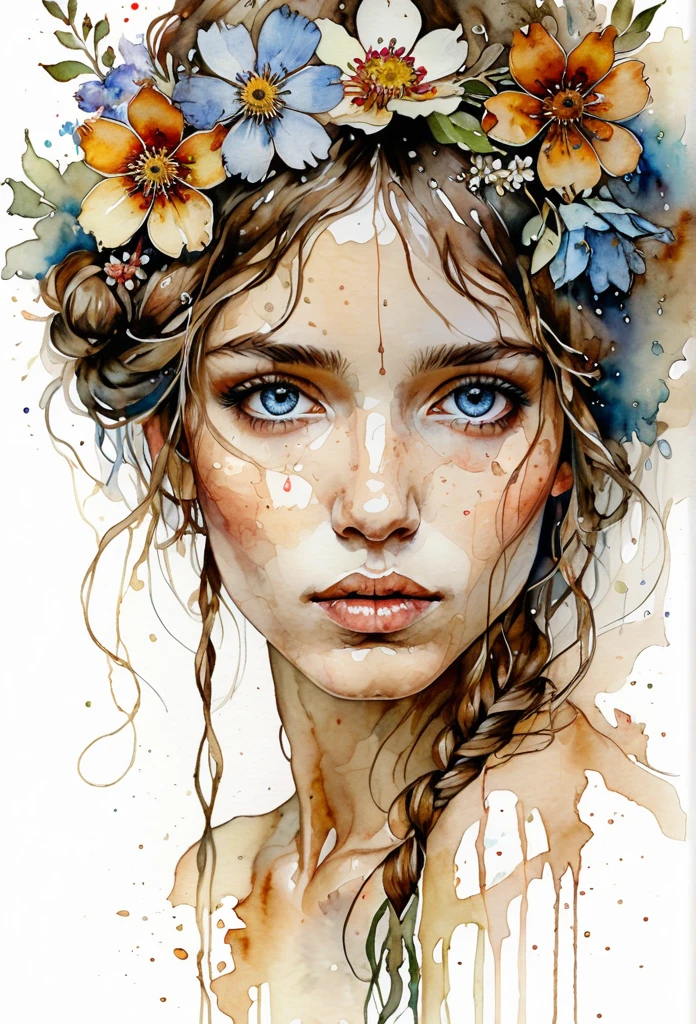 Show full head extremely detailed portrait with flowers in her hair in ...