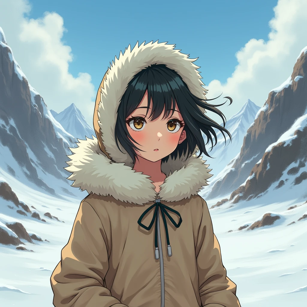 Tanned eskimo anime girl, hair bang, windy, hood - SeaArt AI