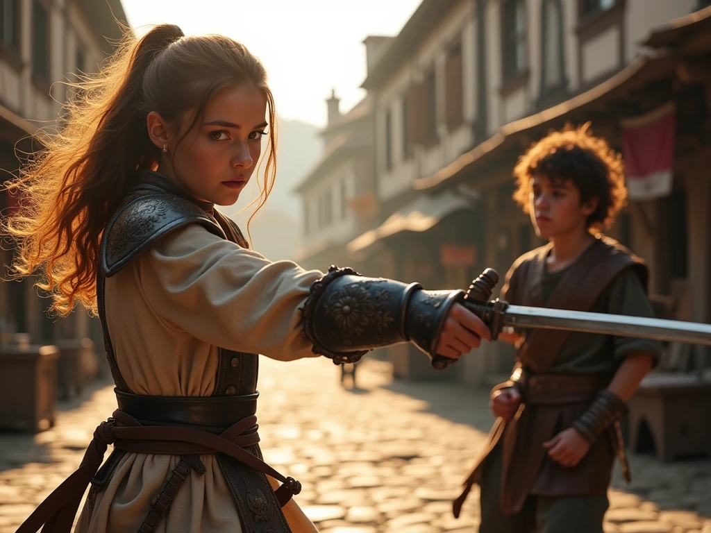 A high-resolution, Cinematic scene shows a dramatic sword fight between ...