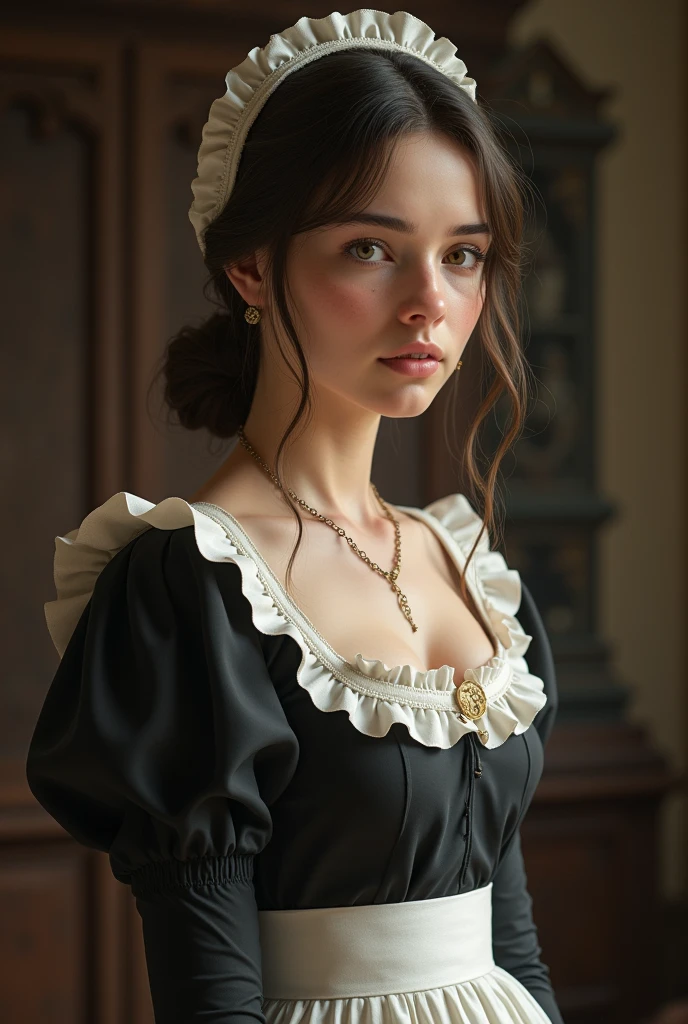 One of a young woman , Modest, with loose hair , dressed as a maid ...