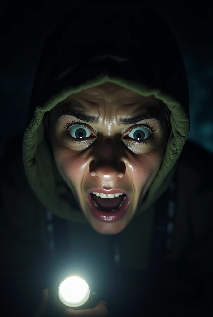 Close-up on the protagonist's face, a scared explorer , 's face holding ...