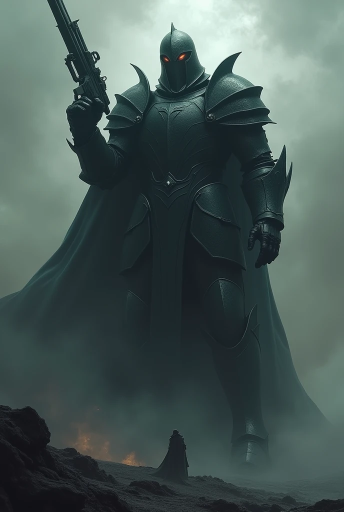 A 750 metre dark knight with a gun - SeaArt AI