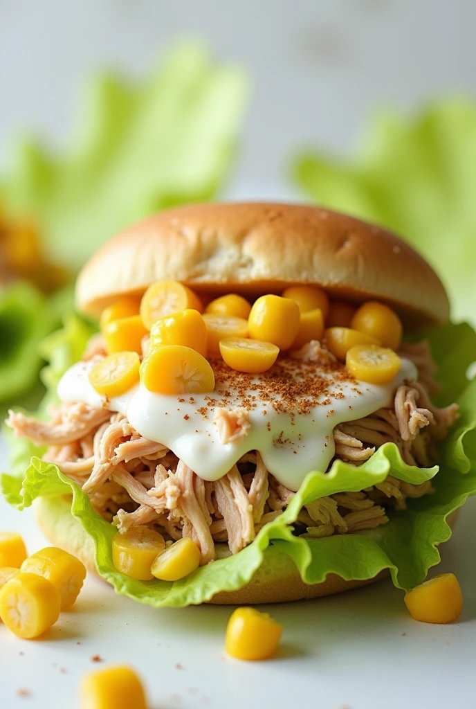 Image of a sandwich with a mix of shredded chicken with corn and white ...