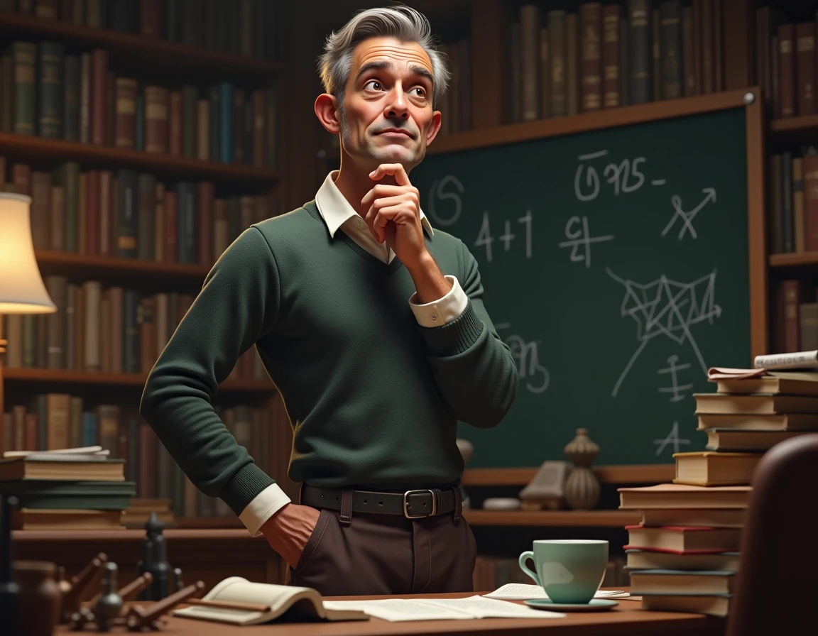CREATE AN IMAGE OF A MATHEMATICIAN WITH HIS HAND ON HIS JAW WONDERING ...