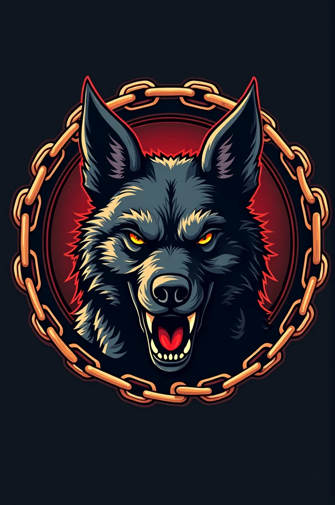 A round logo with chain edges and in the center the face of a wild dog ...