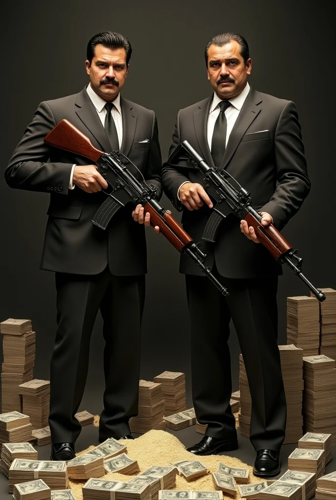 Toni Montaña with Pablo Escobar armed with cocaine rifles and packs of banknote - SeaArt AI