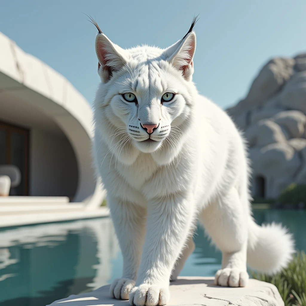 A beautiful and impressive white lynx , light gray eyes , mirada ...