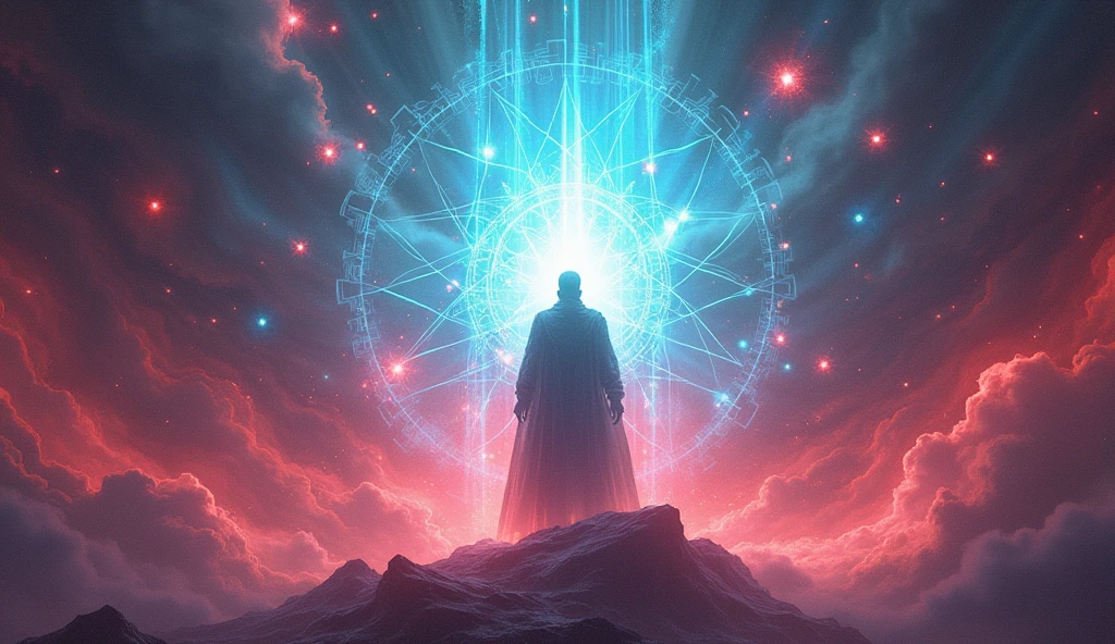 A powerful scene with intense colors and synth-like energy beams ...