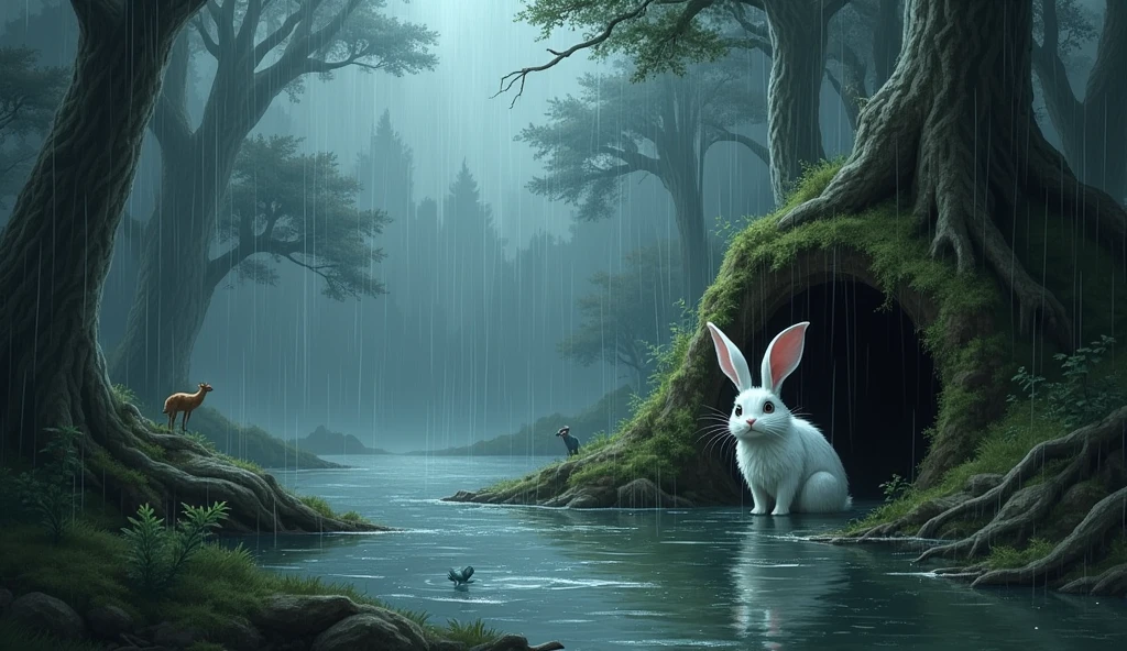 A sudden heavy rainstorm in the forest, with white rabbit’s burrow ...