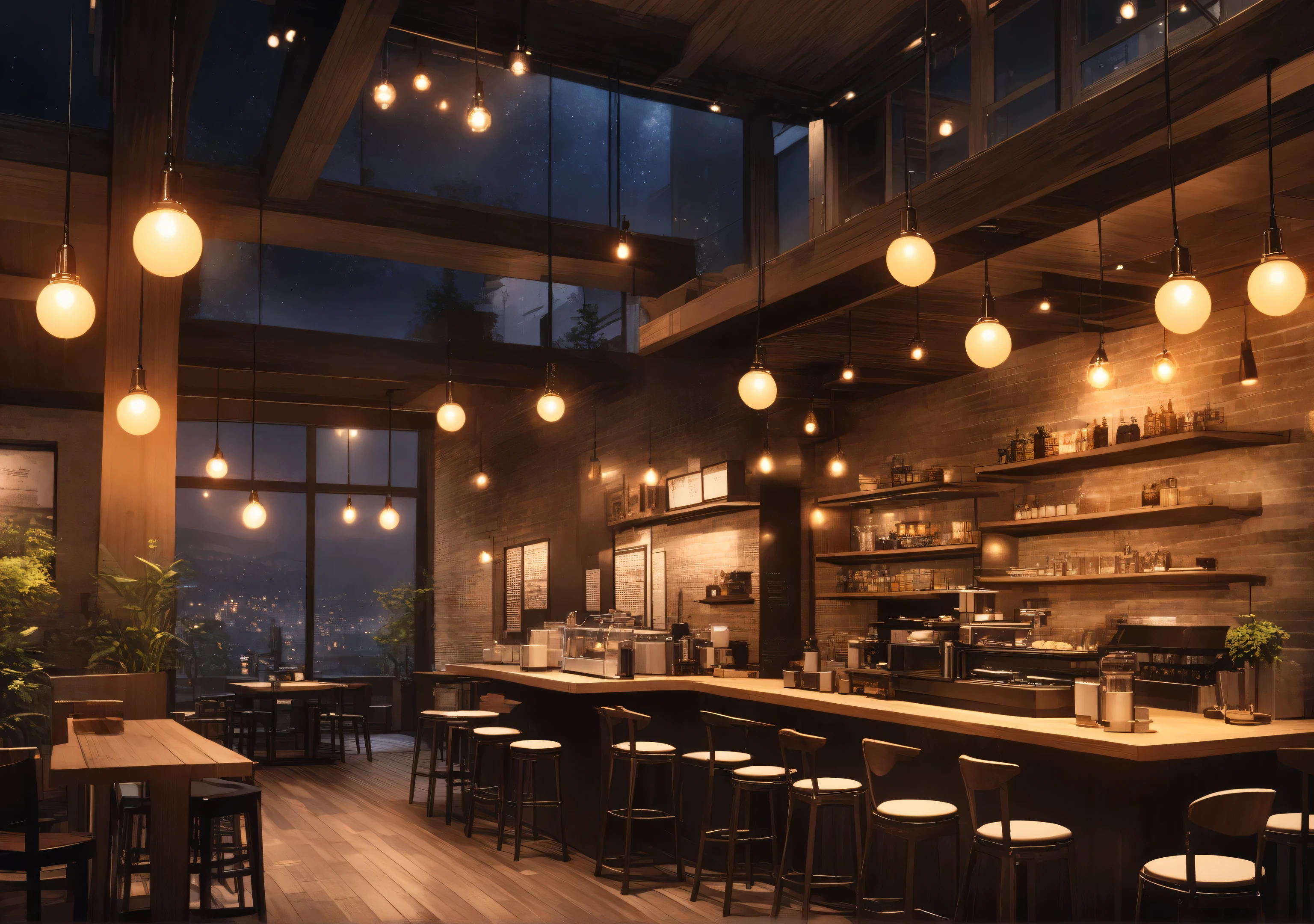 At night, inside coffee shop, well lit place by lamp and hanging ...