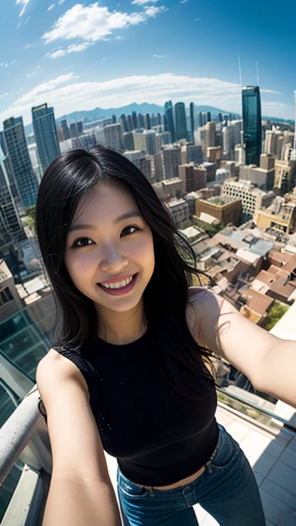 Rooftop Selfies , Skywalking Selfies, city, woman, Black Hair - SeaArt AI