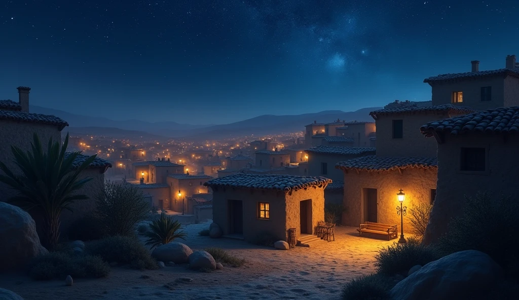 An ancient, humble town of Bethlehem at night, with soft lanterns ...