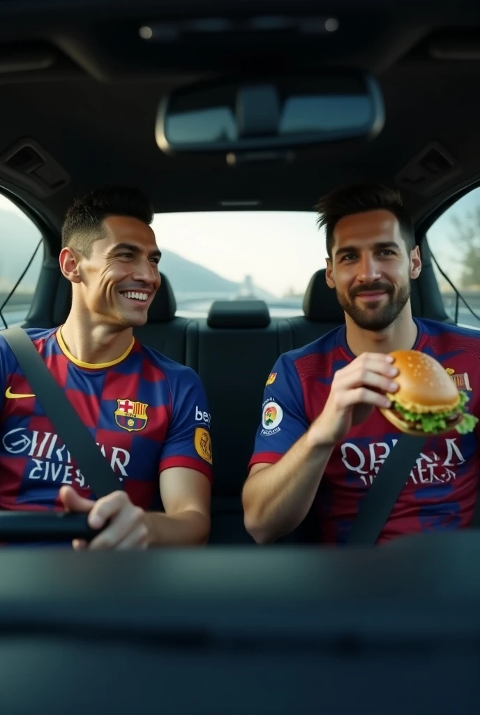 Ronaldo and Messi drive the car together and Messi eats a burger in the ...