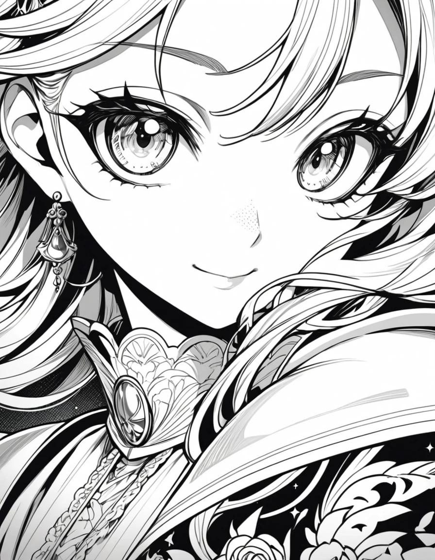 Close up of smiling face without contour, black and white shojo manga ...