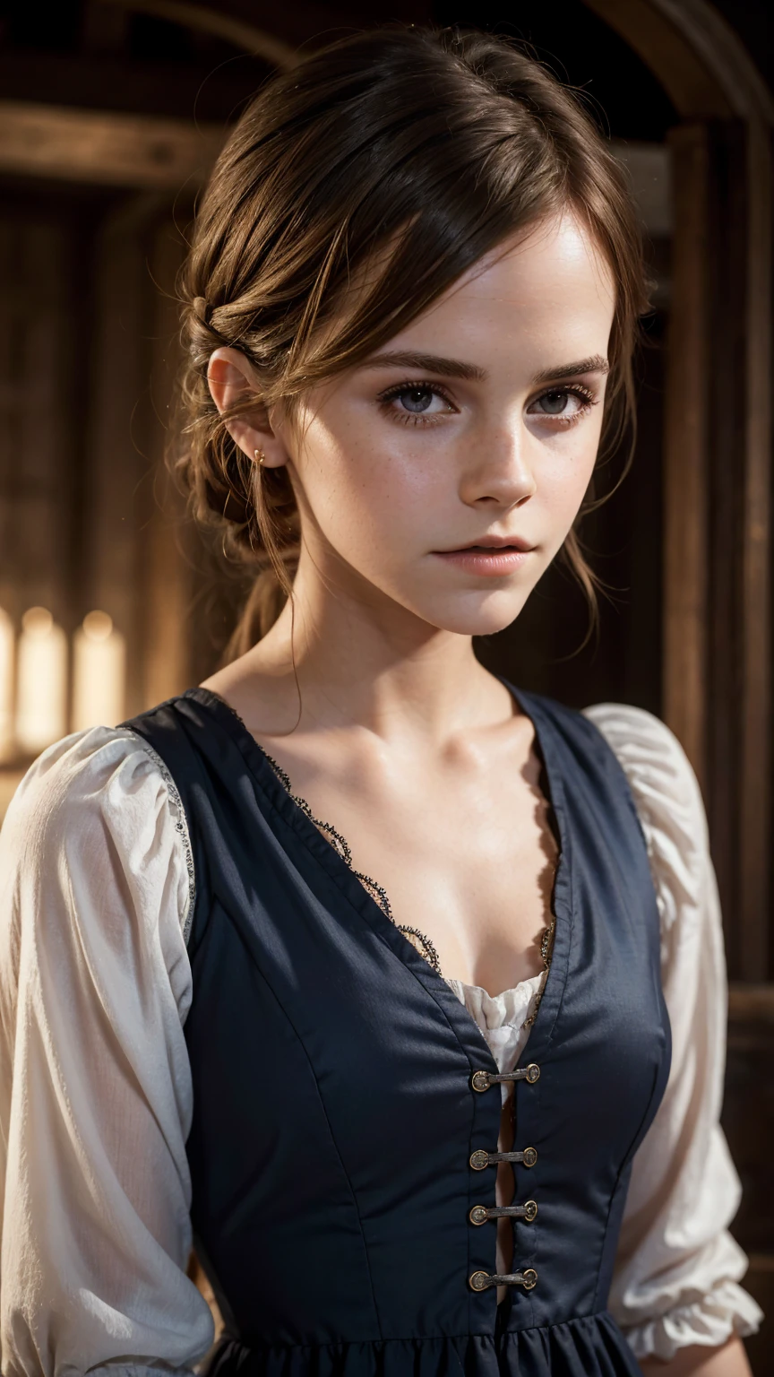 A young girl, Emma Watson, wearing a low-cut medieval peasant dress ...