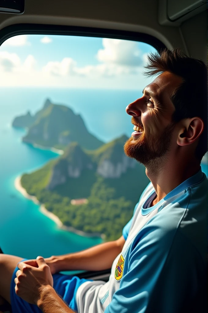 Lionel Messi Sitting in a helicopter and smiling and looking outside at ...