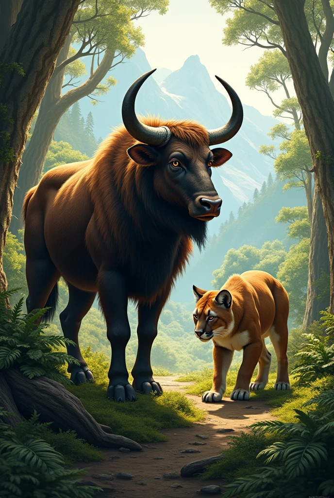 Takin and Puma in One frame realistic HD quality forest background ...